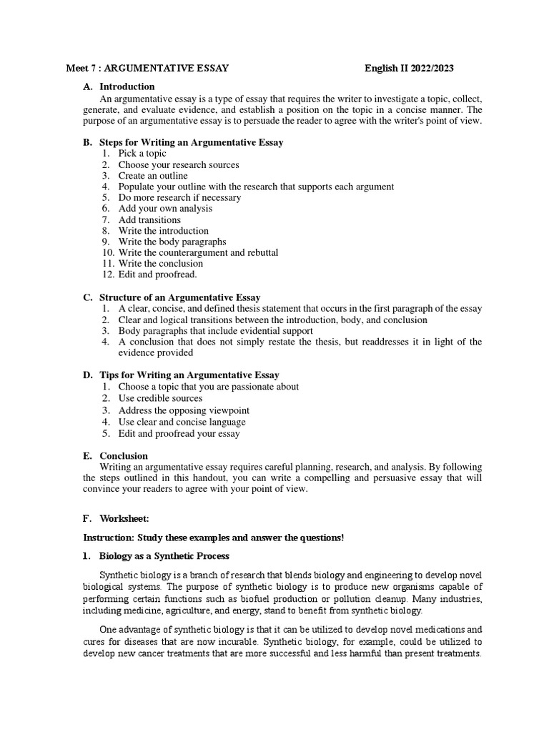 Handout and Worksheet Argumentative Essay | PDF | Essays | Quantum ...