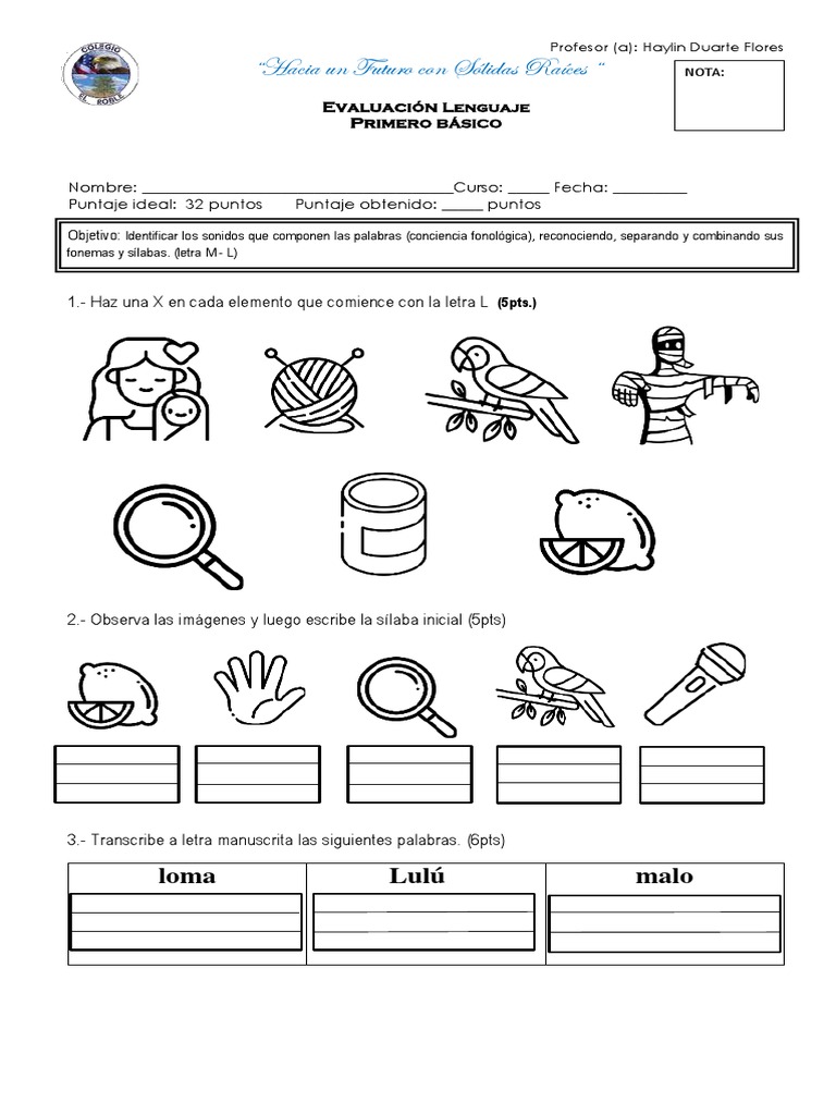 Evaluación de Lenguaje Primero Básico | PDF | Artes del Lenguaje y ...