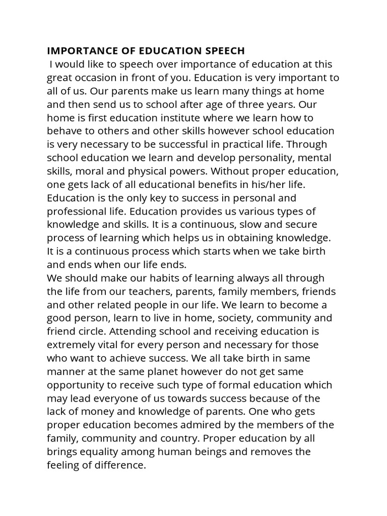 IMPORTANCE OF EDUCATION SPEECH 2 (Public Speaking) | PDF