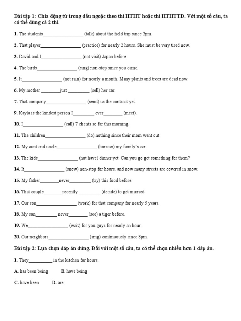 Bài tập thì HTHH & HTHTTD | PDF