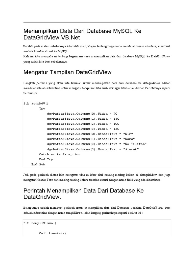 Tampilkan Data MySQL di DataGridView VB.Net | PDF