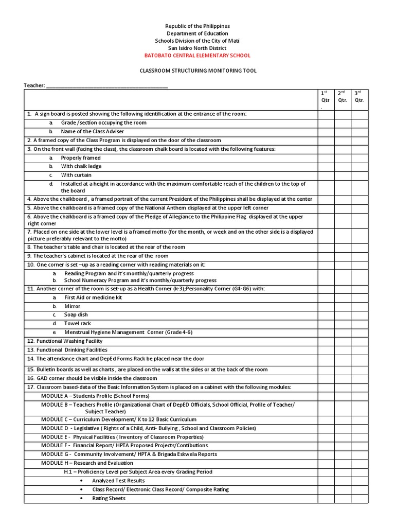 Classroom Structuring Monitoring Tool 1 Pdf Classroom