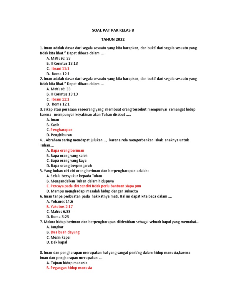 Soal Pat Agama Kristen Kelas 8 | PDF