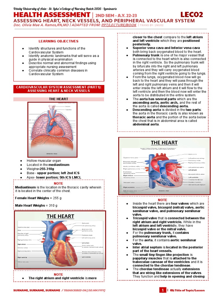 Lec02 - Assessing Heartneck Vesselsand Peripheral Vascular System | PDF | Heart Valve | Diastole