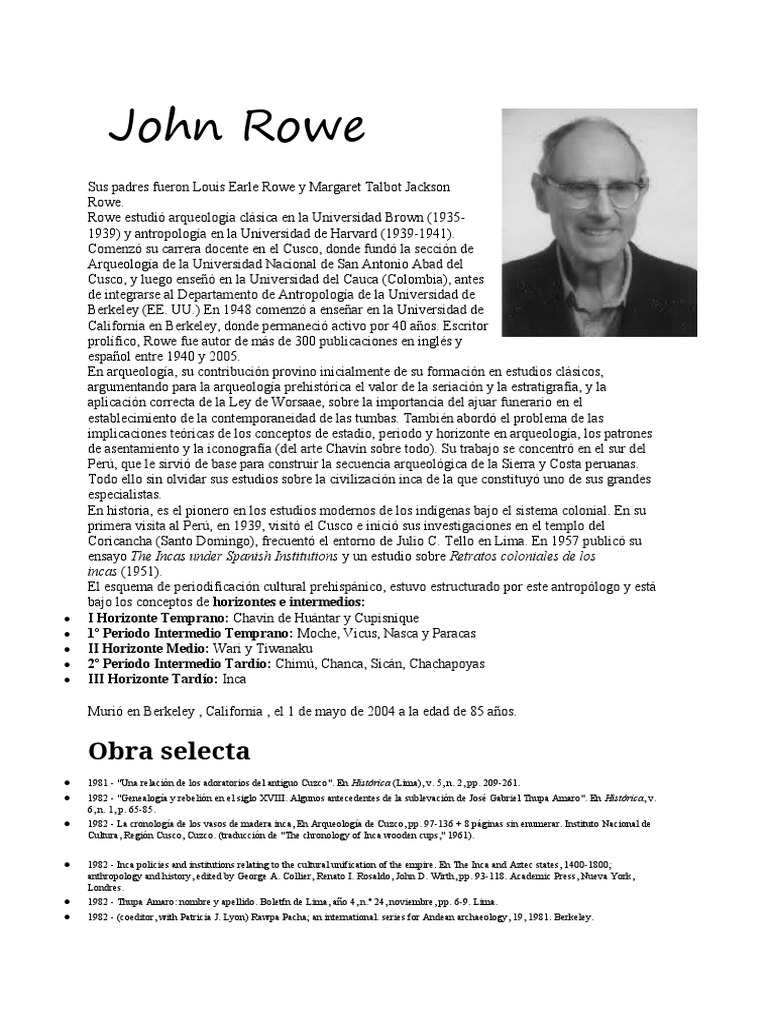 Biografía de John Rowe: Arqueólogo destacado | PDF | Perú | Andes