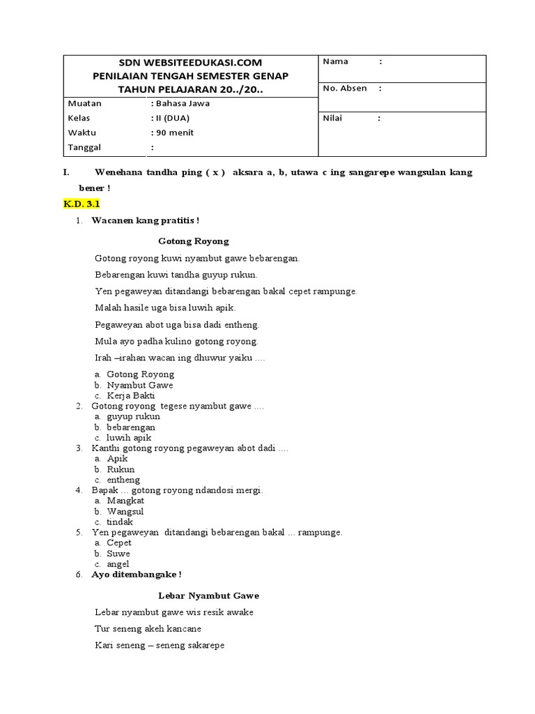 Soal PTS 2 Bahasa Jawa Kelas 2 K13 | PDF
