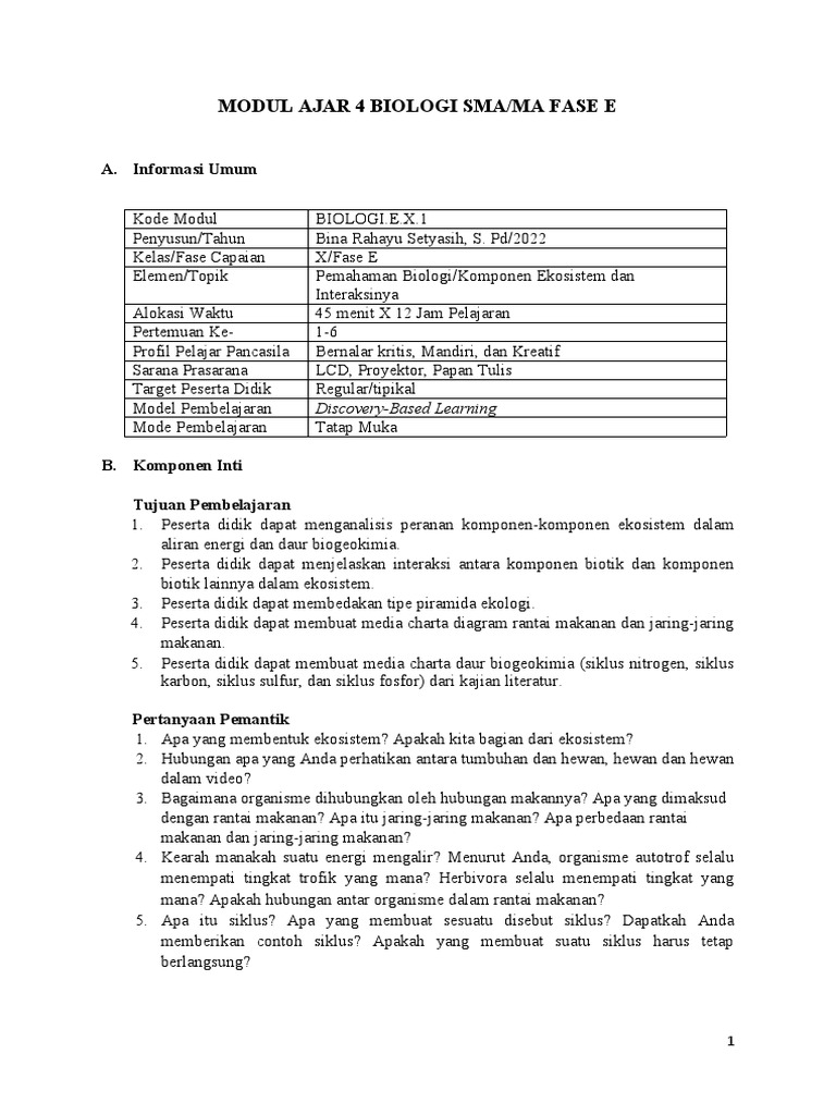 Modul Ajar Ipa Biologi Sma Kelas X Bab 4 | PDF