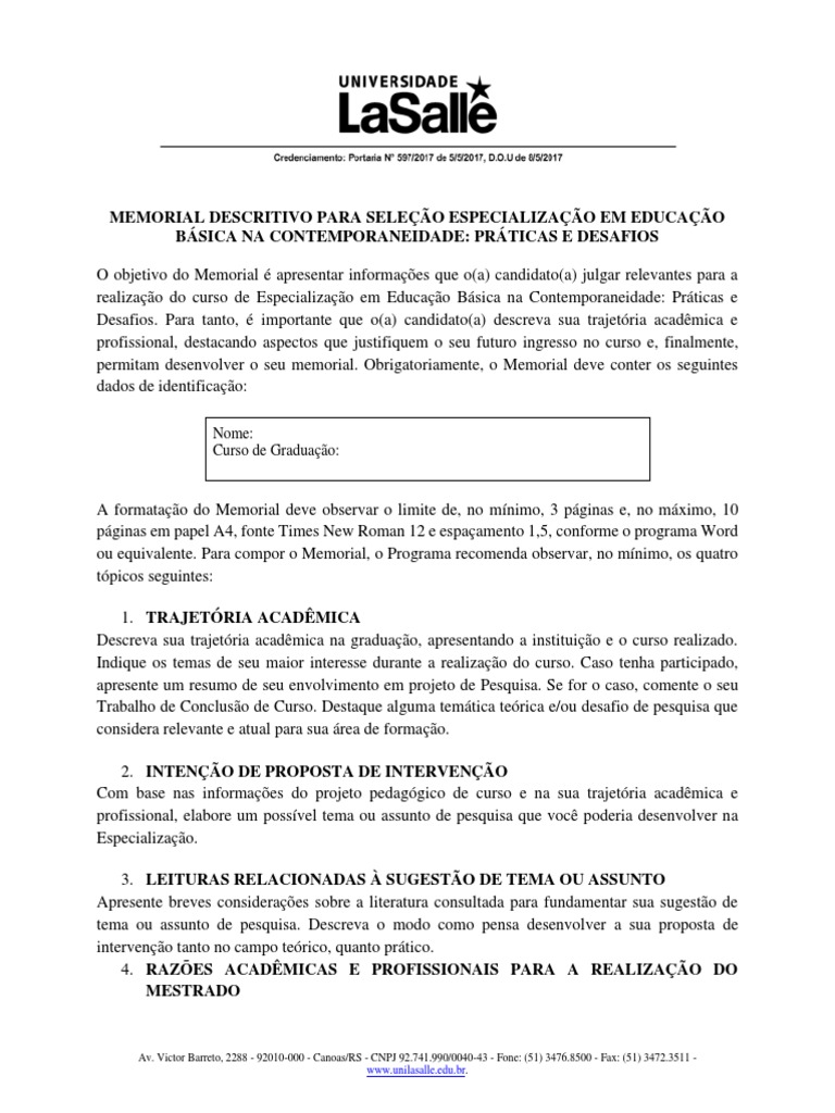 Modelo de Memorial Descritivo | PDF | Pedagogia