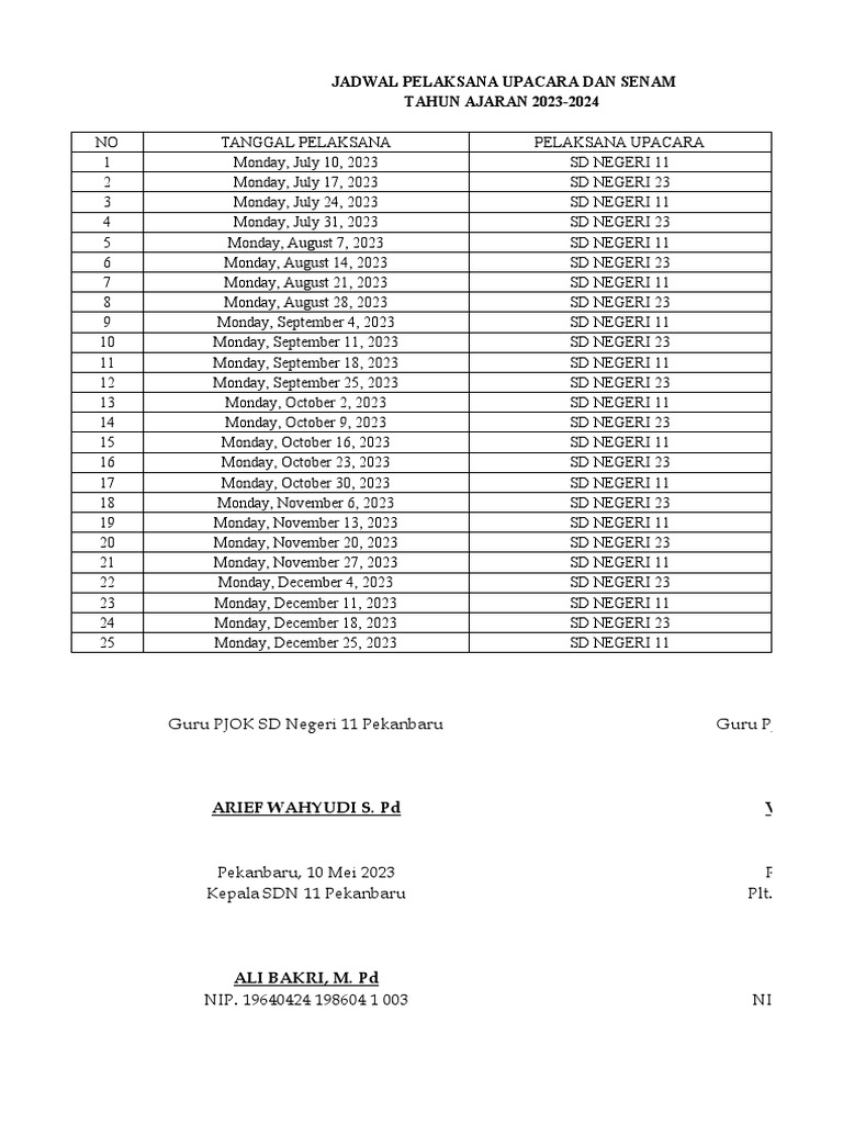 Jadwal Upacara dan Senam 2023-2024 | PDF