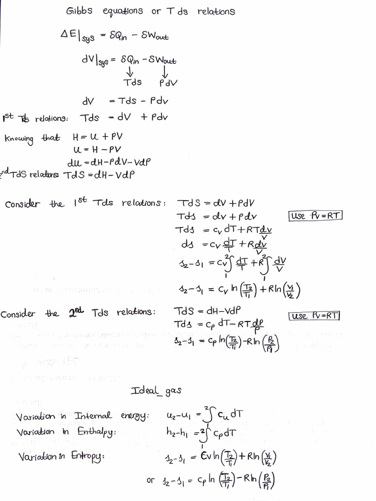 Gibbs Equations or T Ds Relations | PDF