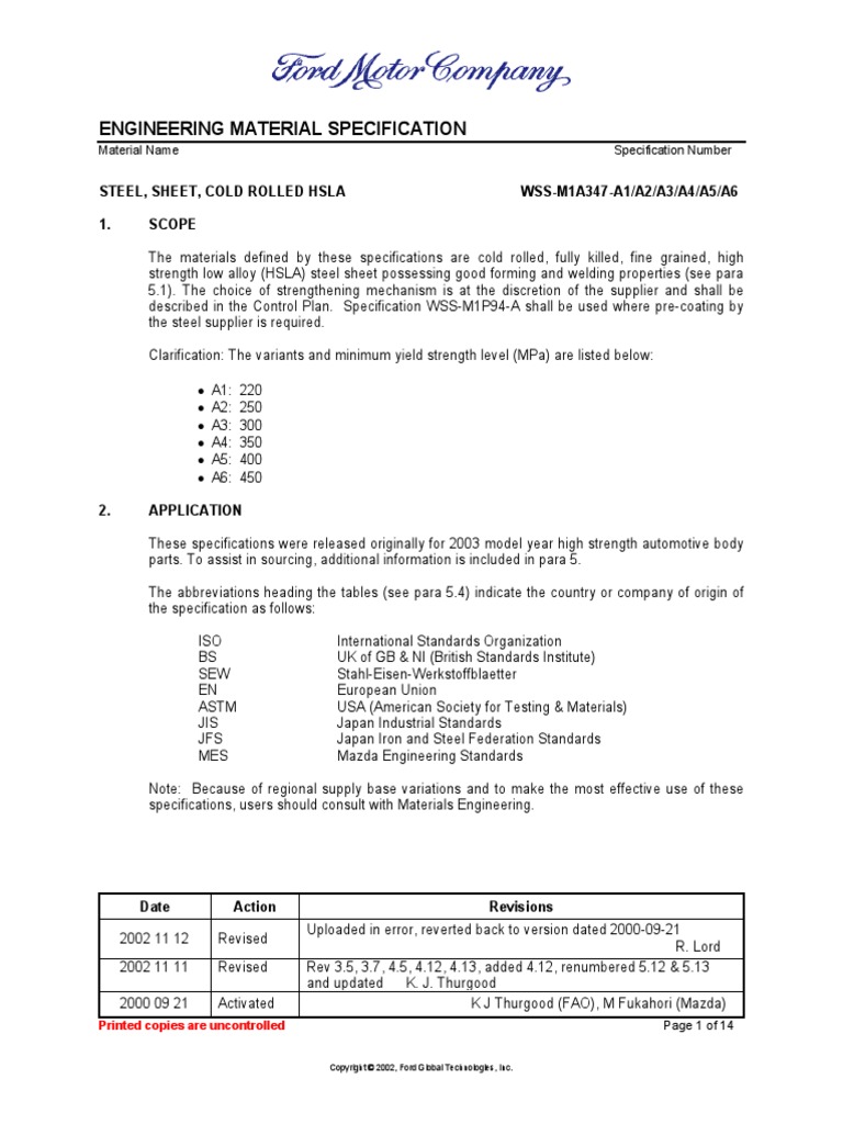 WSS M1a347 (Hsla) | PDF | Sheet Metal | Specification (Technical Standard)