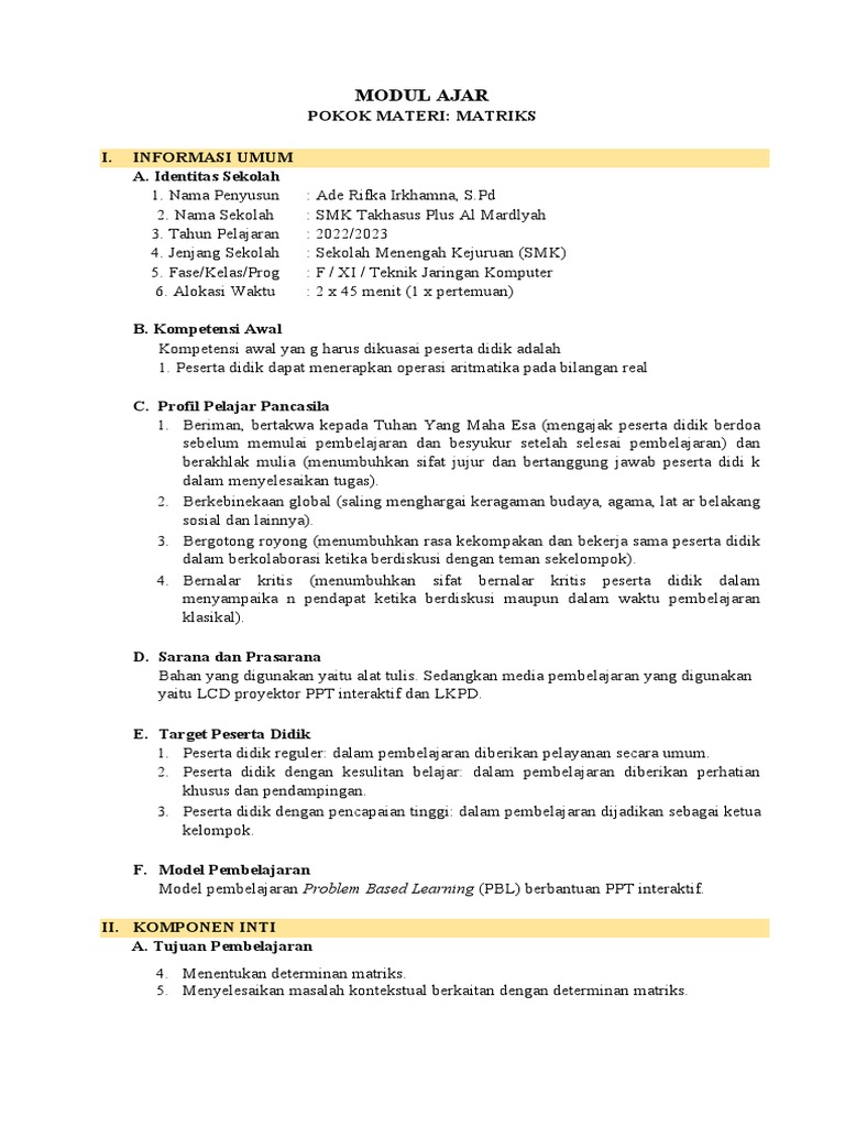 Modul Ajar Matriks | PDF