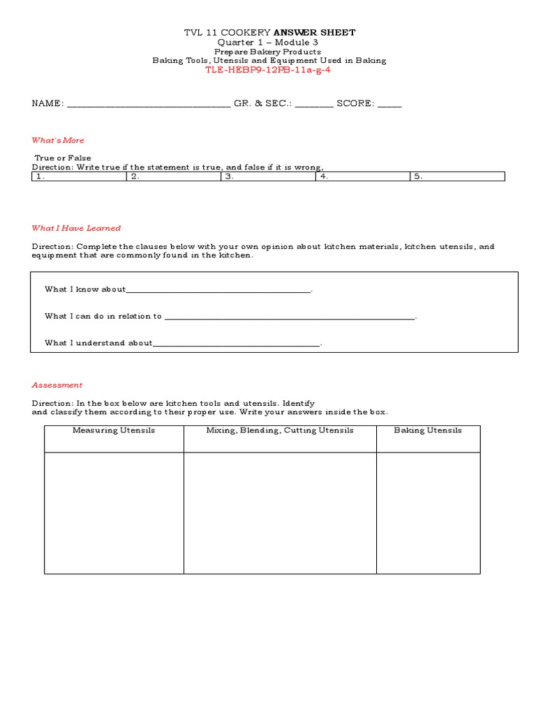 TVL 11 COOKERY ANSWER SHEET | PDF