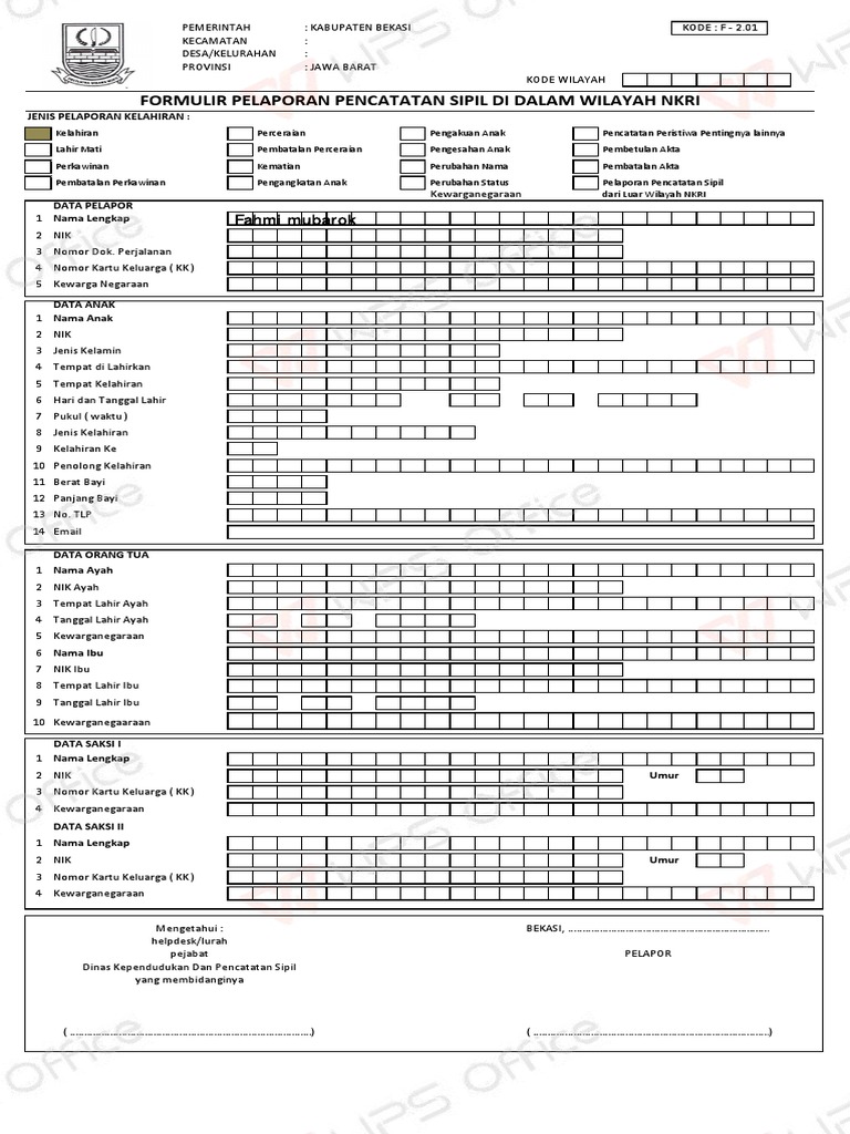 Formulir Akta Kelahiran F-2.01 | PDF