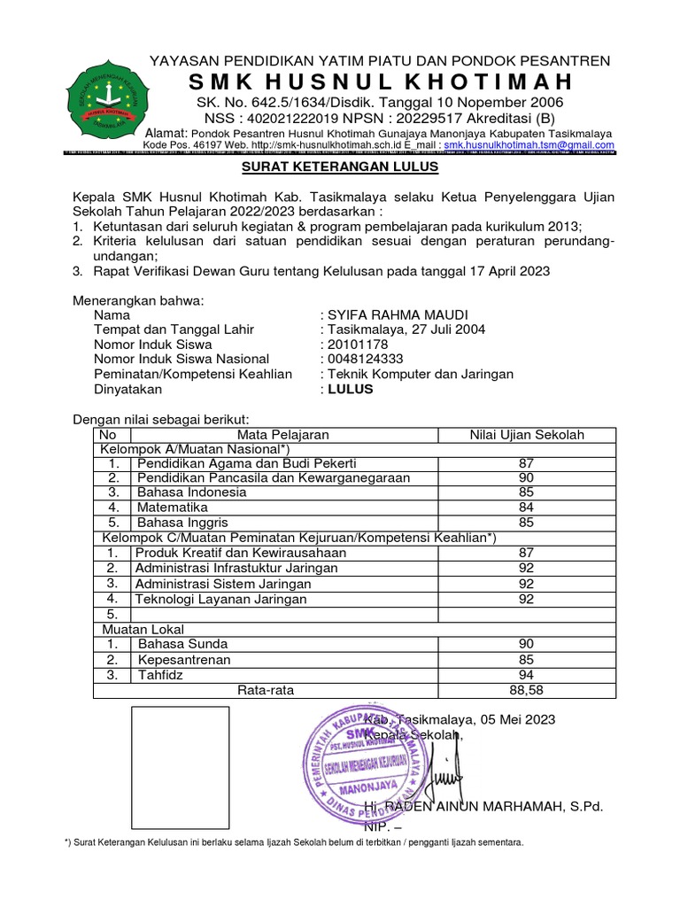 Surat Keterangan Lulus SMK Husnul Khotimah | PDF