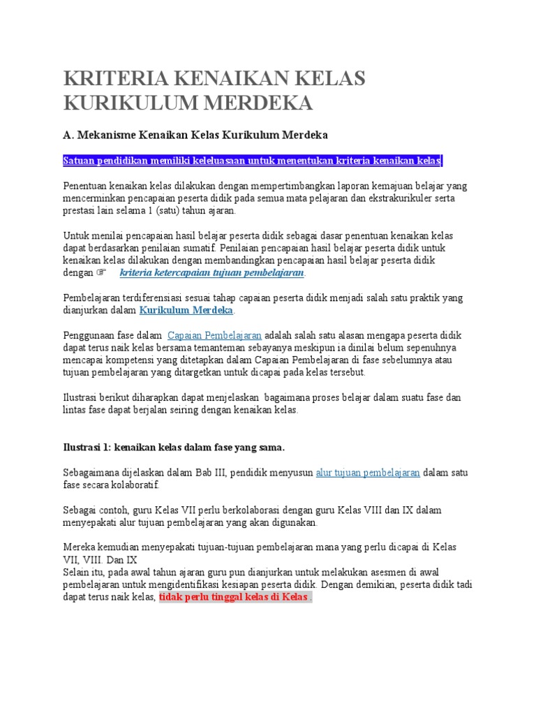 Ilustrasi Bacaan Kriteria Kenaikan Kelas Kurikulum Merdeka | PDF