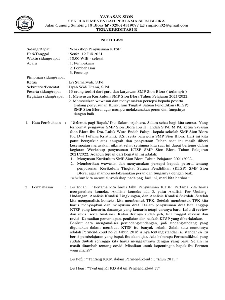 Notulen Workshop Penyusunan KTSP 12 Juli 2021 | PDF