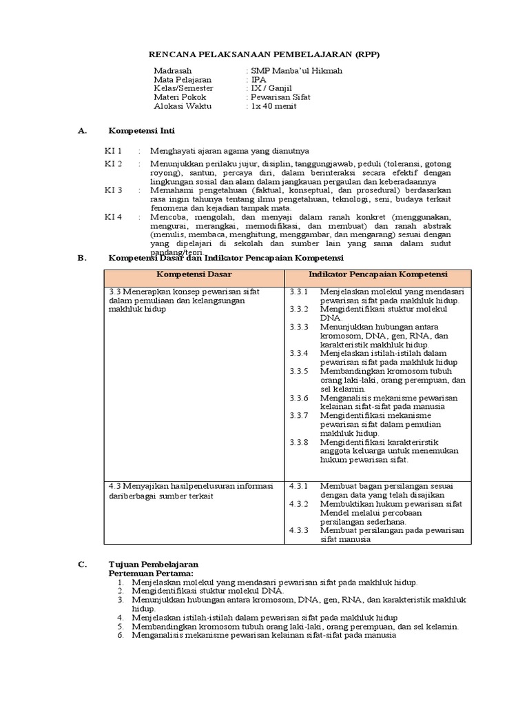 3 RPP Pewarisan Sifat Pada Makhluk Hidup | PDF | Sains & Matematika