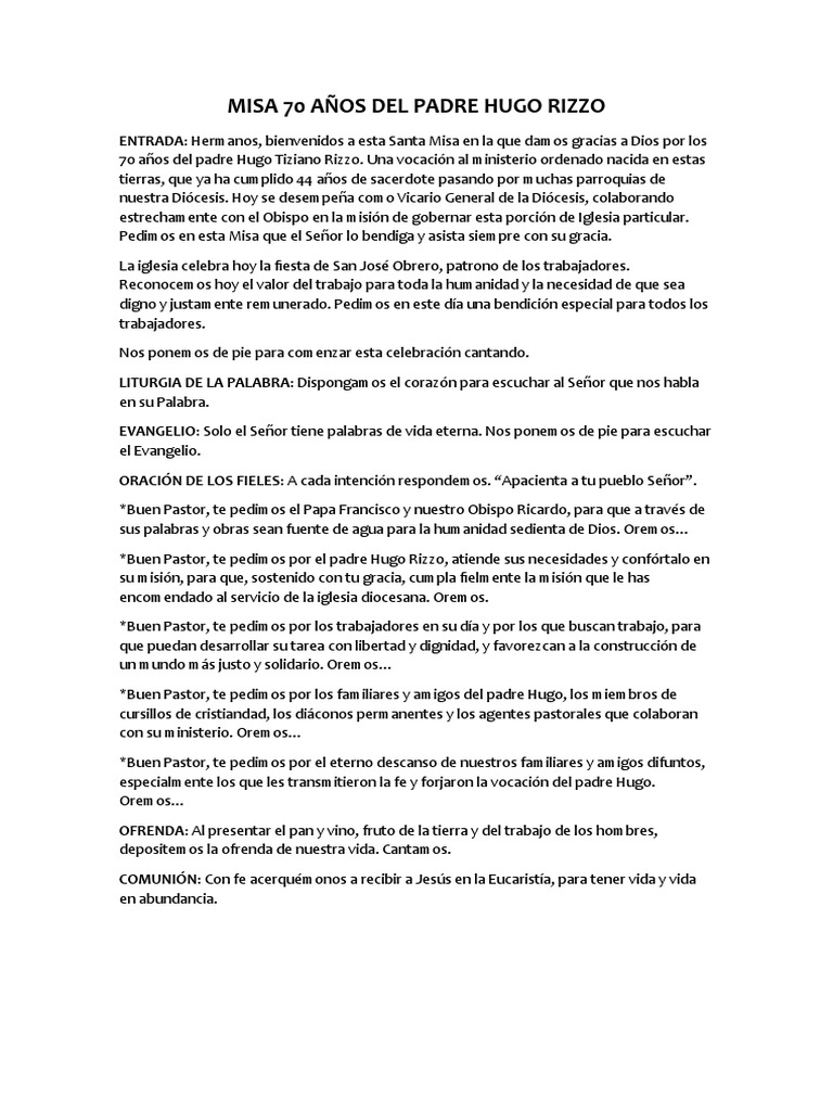Misa 70 Años Del Padre Hugo Rizzo | PDF