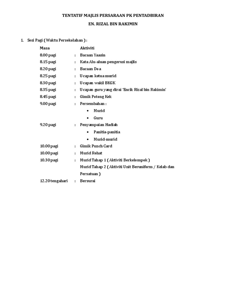 Tentatif Majlis Persaraan PK Pentadbiran | PDF