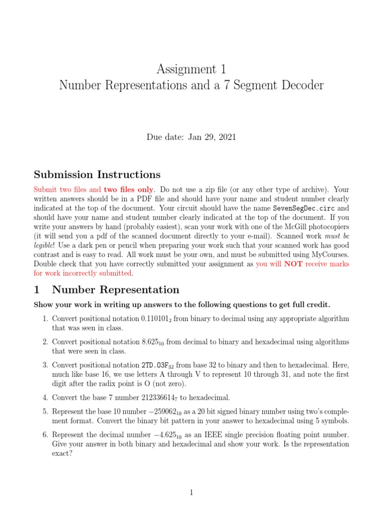 Assignment 1 Number Representations and A 7 Segment Decoder: Submission Instructions | PDF ...