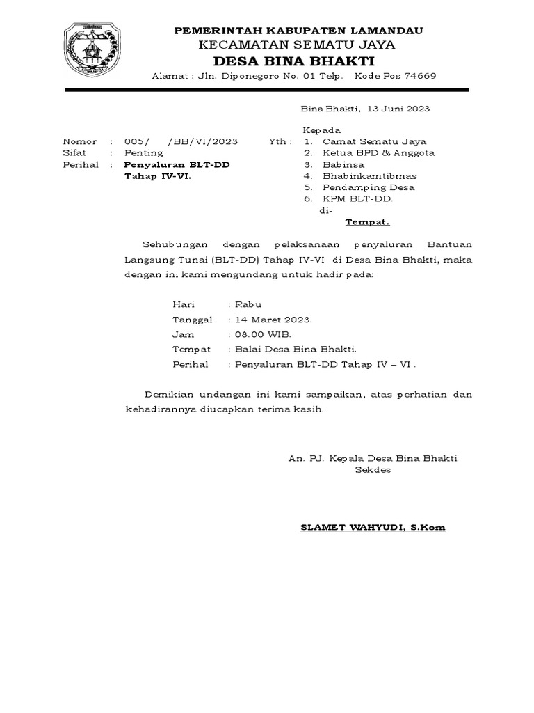 Undangan Penyaluran BLT-DD Tahap IV-VI | PDF