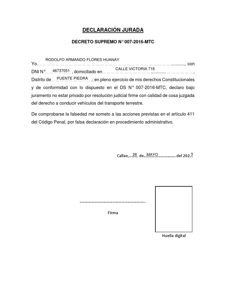 Declaracion Jurada | PDF | Finanzas y dinero