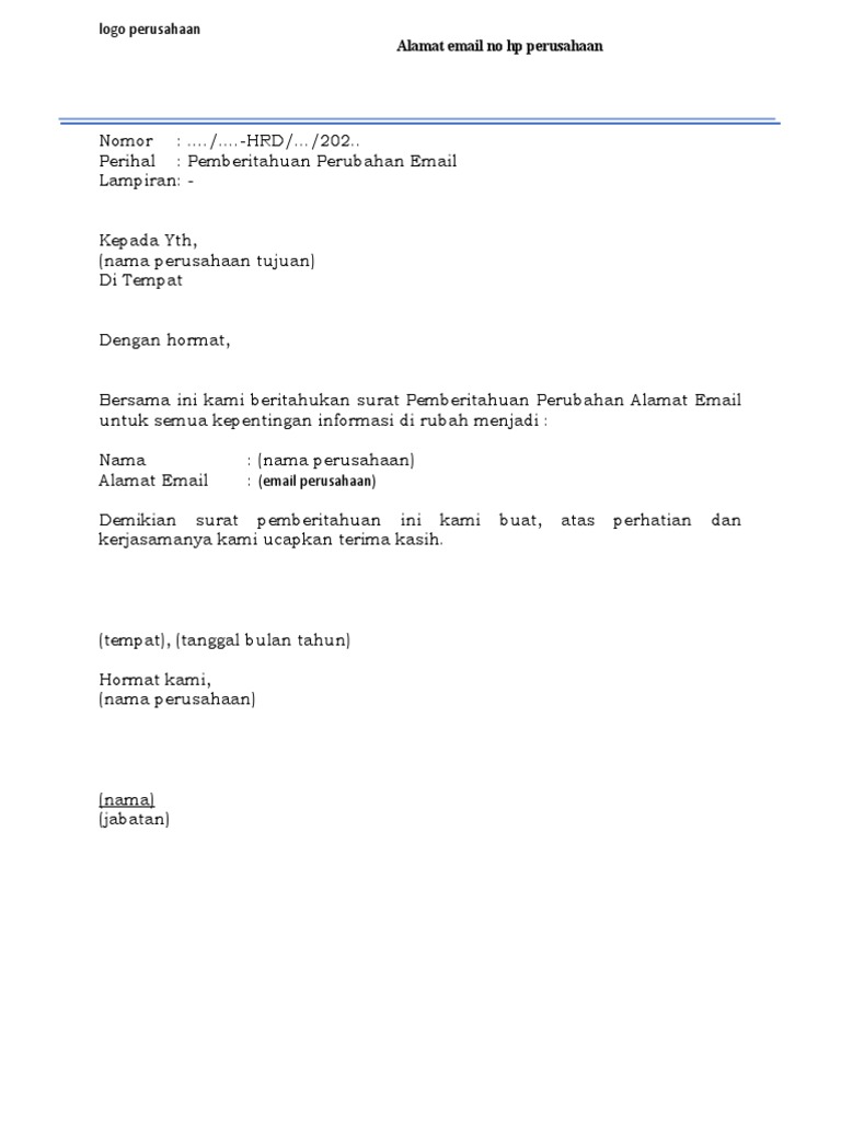 Contoh Surat Pemberitahuan Perubahan Email | PDF