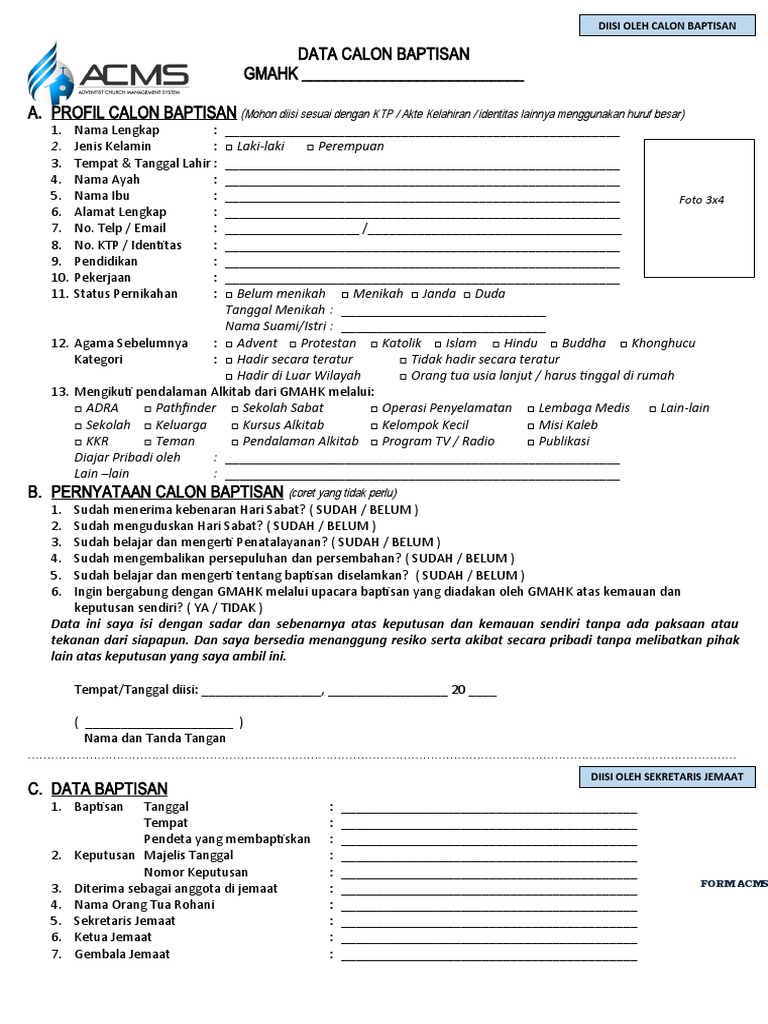 Form ACMS-V01 Data Calon Baptisan | PDF