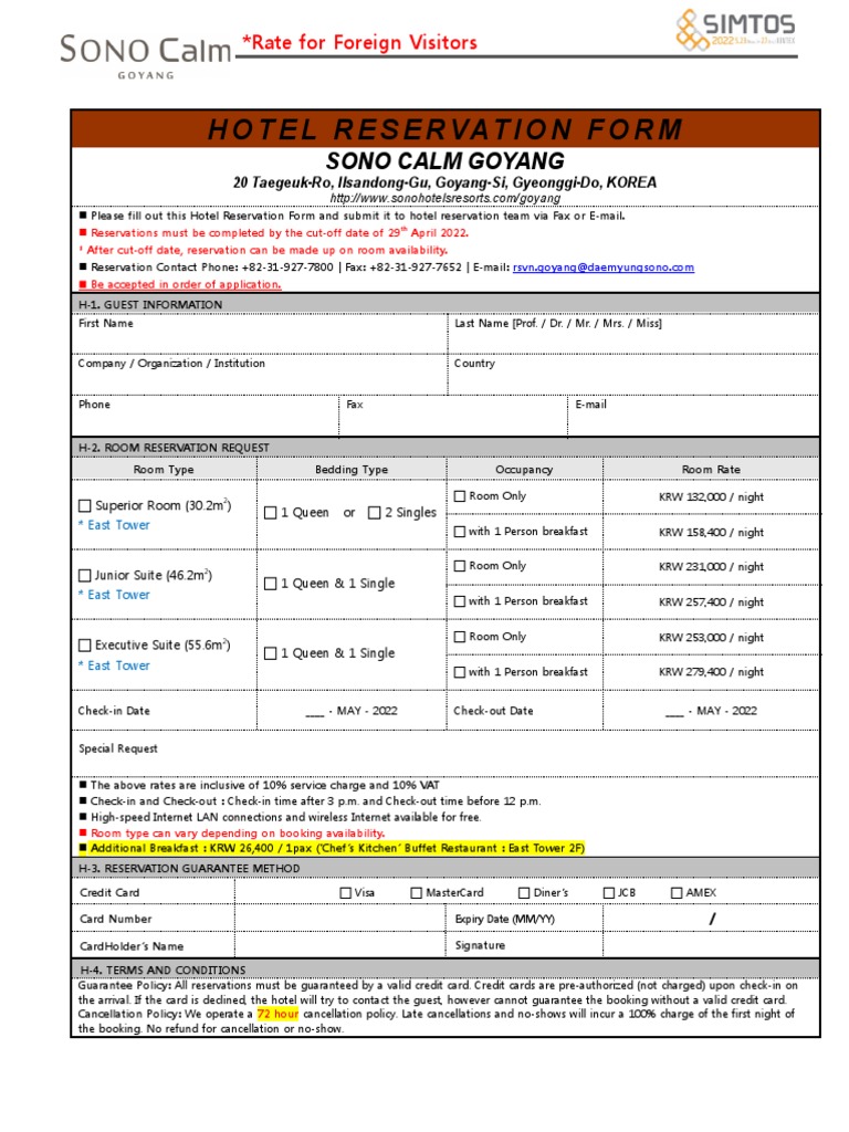 SONO CALM GOYANG - Reservation Form - SIMTOS 2022 (Visitor) | PDF | Credit Card | Service Industries