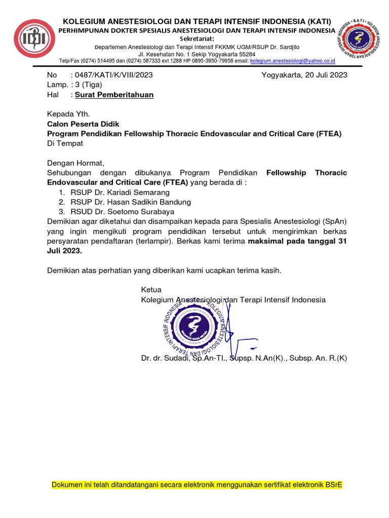 Pendidikan Fellowship Thoracic Endovascular and Critical Care (FTEA) | PDF