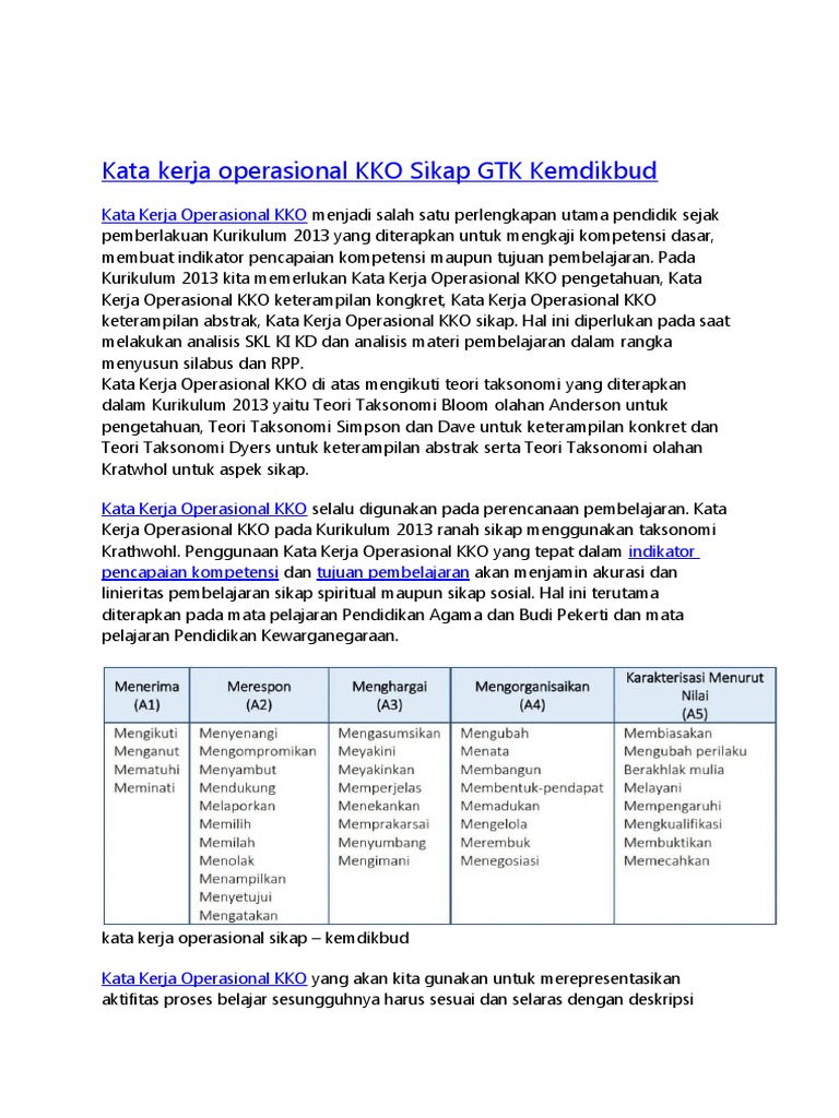 Kata Kerja Operasional KKO Sikap GTK Kemdikbud | PDF