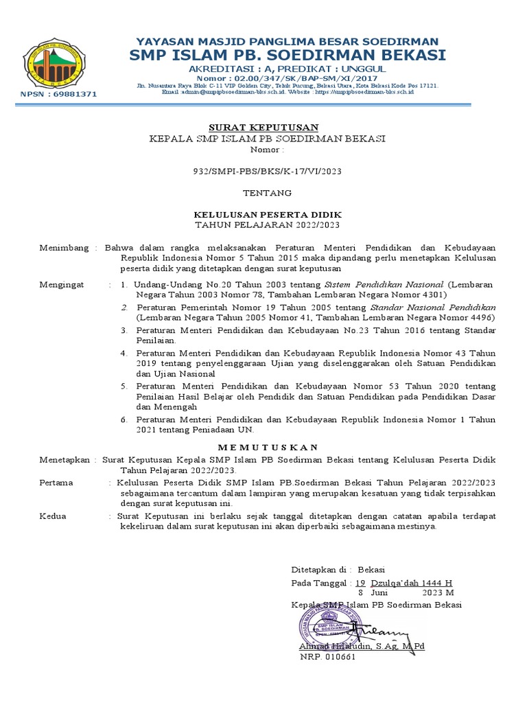 SK Kelulusan TP 2022 2023 | PDF