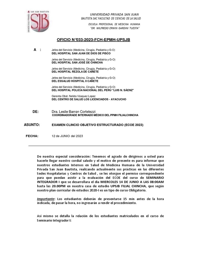 Oficio N°033-2023-Fch-Epmh-Upsjb | PDF | Servicios públicos | Medicina