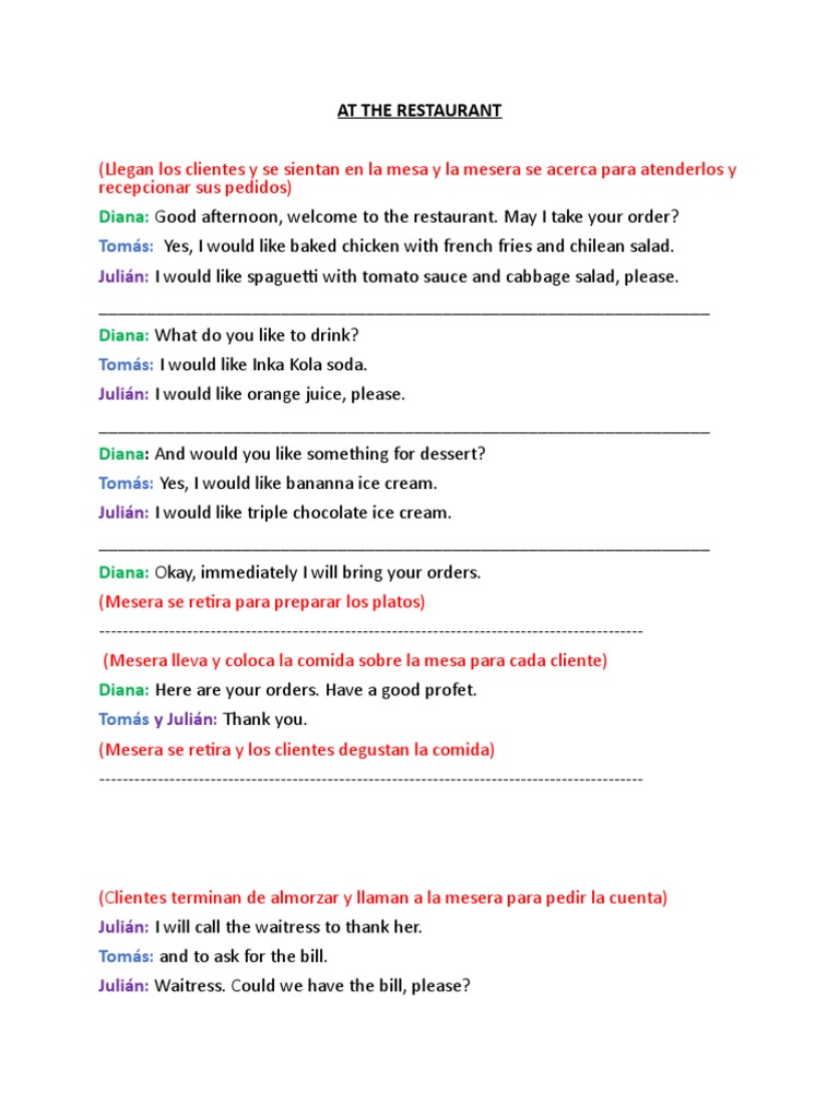 Diálogo at The Restaurant - Inglés | PDF