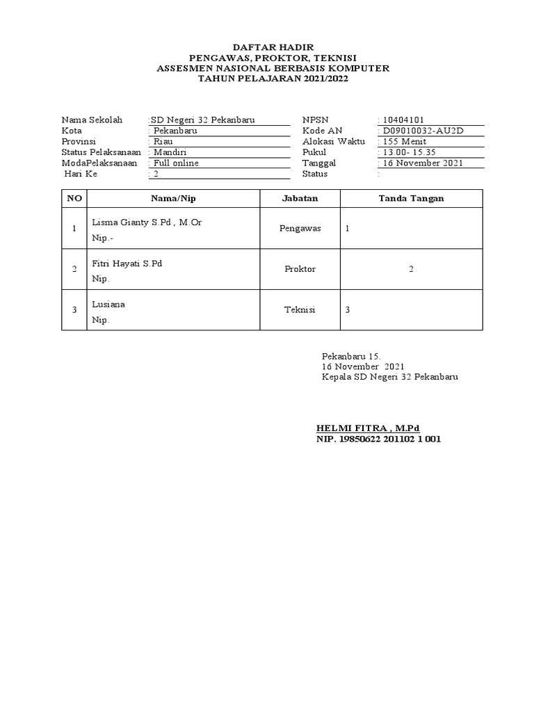 05 Daftar Hadir Pengawas, Proktor, Teknisi ANBK | PDF