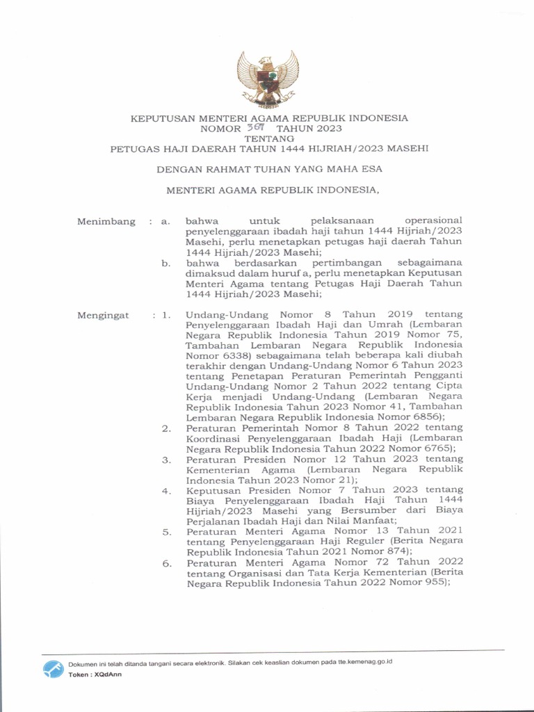 KMA 367 Tahun 2023 TTG Petugas Haji Daerah Tahun 2023 & Lamp Ok | PDF