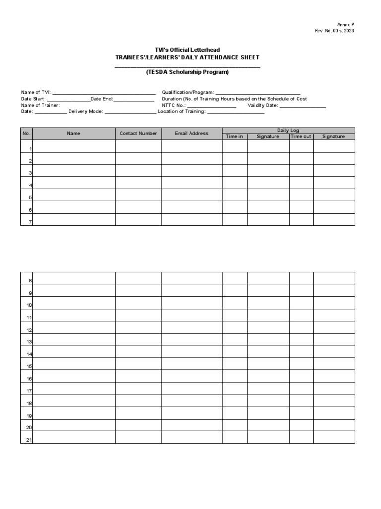 TESDA Daily Attendance Sheet Template | PDF