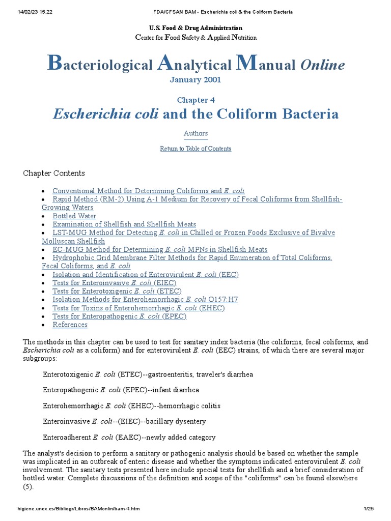 FDA - CFSAN BAM - Escherichia Coli & The Coliform Bacteria | PDF | Escherichia Coli | Medical ...