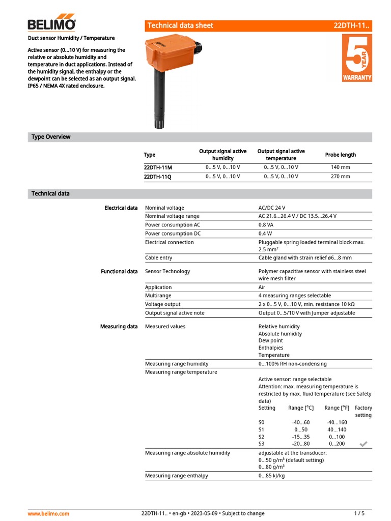 Belimo 22DTH-11 Sensor Specifications | PDF | Sensor | Humidity