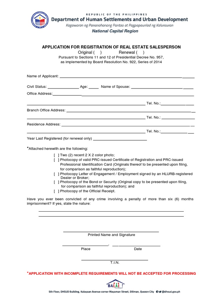 Application For Registration of Real Estate Salesperson ...