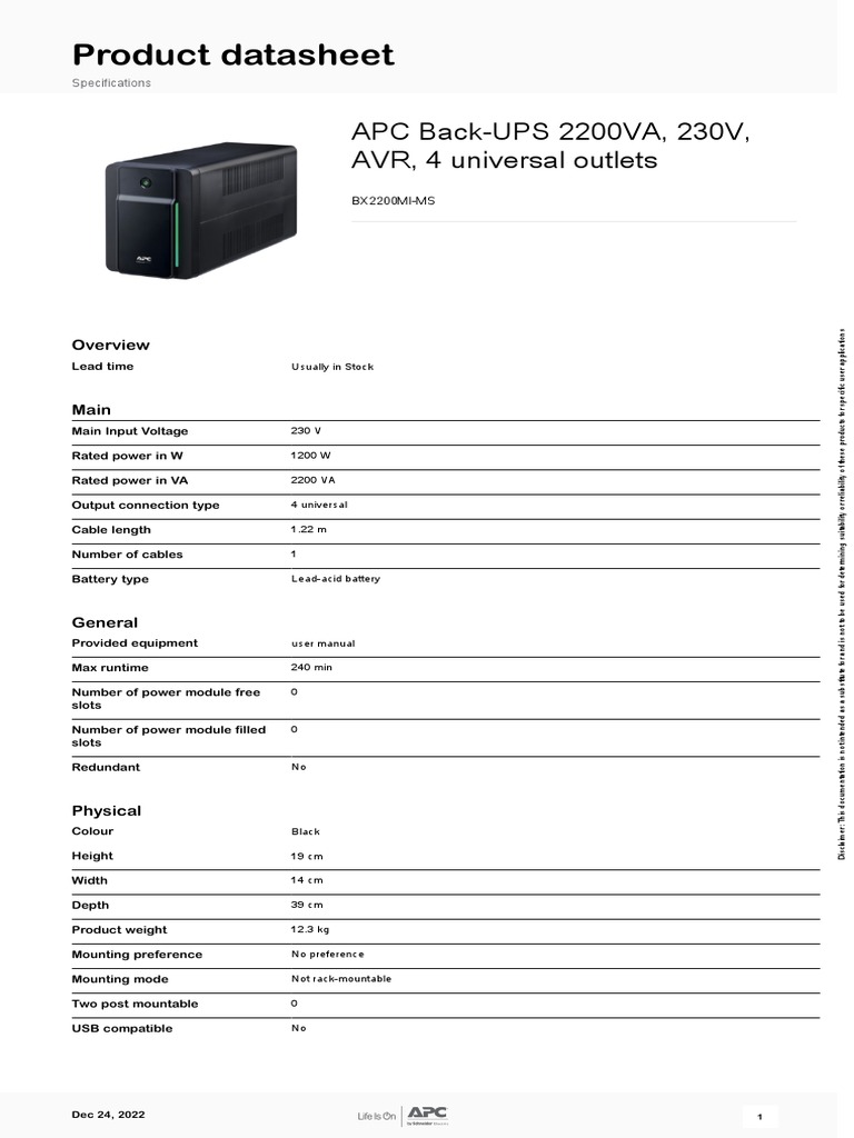 Back UPS - BX2200MI MS | PDF | Mains Electricity | Manufactured Goods