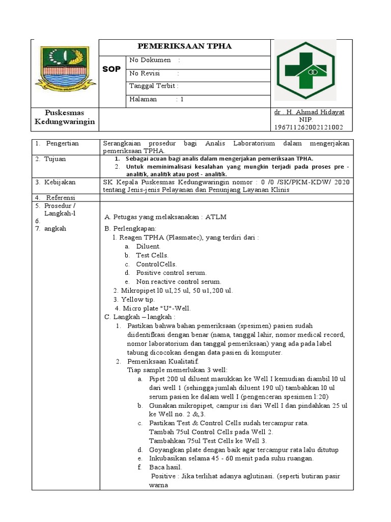 Prosedur Pemeriksaan TPHA di Laboratorium | PDF
