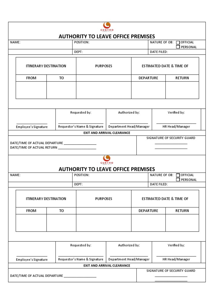 FORM - Authority To Leave Office Premises | PDF