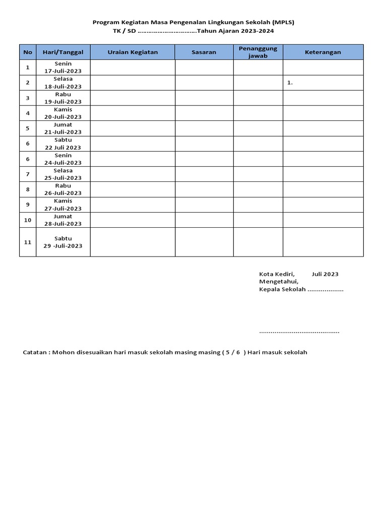 Contoh Format Program Kegiatan MPLS PAUDSD | PDF