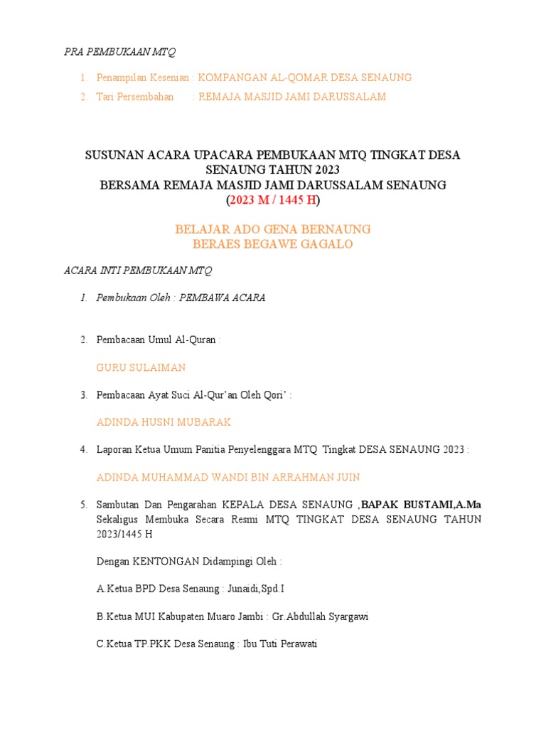 Susunan Acara Upacara Pembukaan MTQ Tingkat Desa Senaung Tahun 2023 | PDF