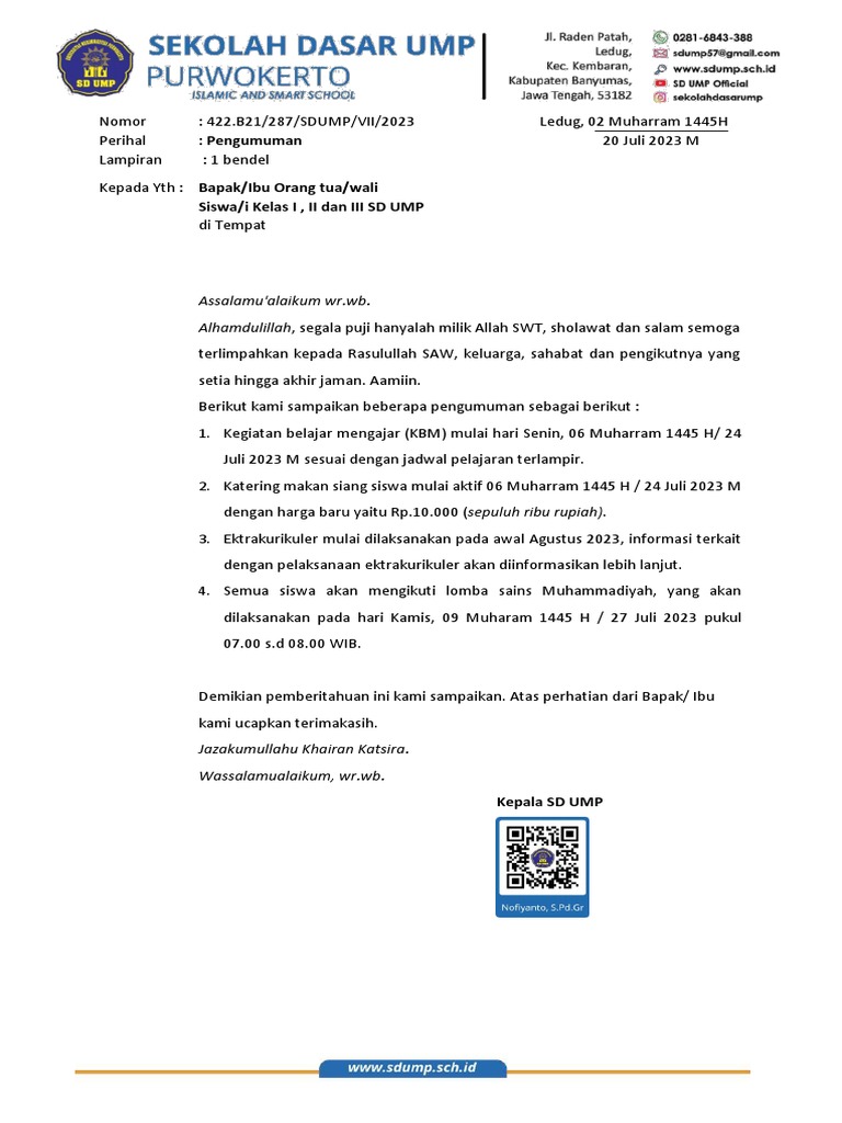 Pengumuman Kegiatan SD UMP 2023/2024 | PDF