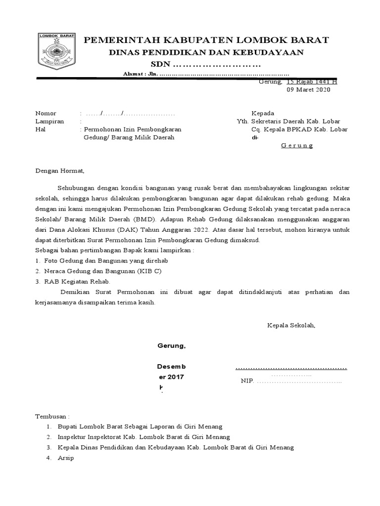 contoh SURAT USUL PEMBONGKARAN DAN PENGHAPUSAN GEDUNG baru | PDF