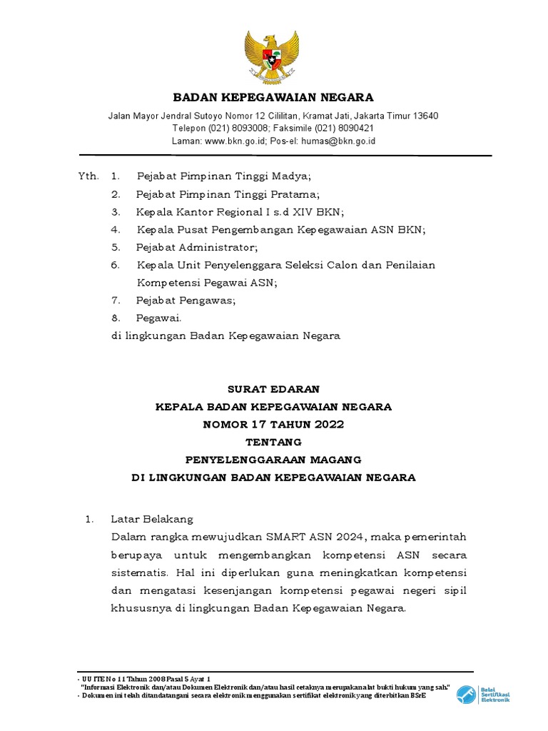 Surat Edaran Kepala BKN Nomor 17 Tahun 2022 Tentang Penyelenggaraan Magang Di Lingkungan Badan ...