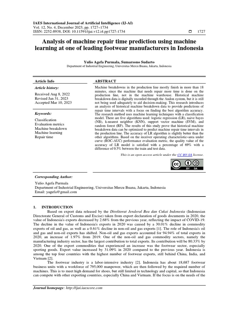 Analysis Of Machine Repair Time Prediction Using Machine Learning At One Of Leading Footwear